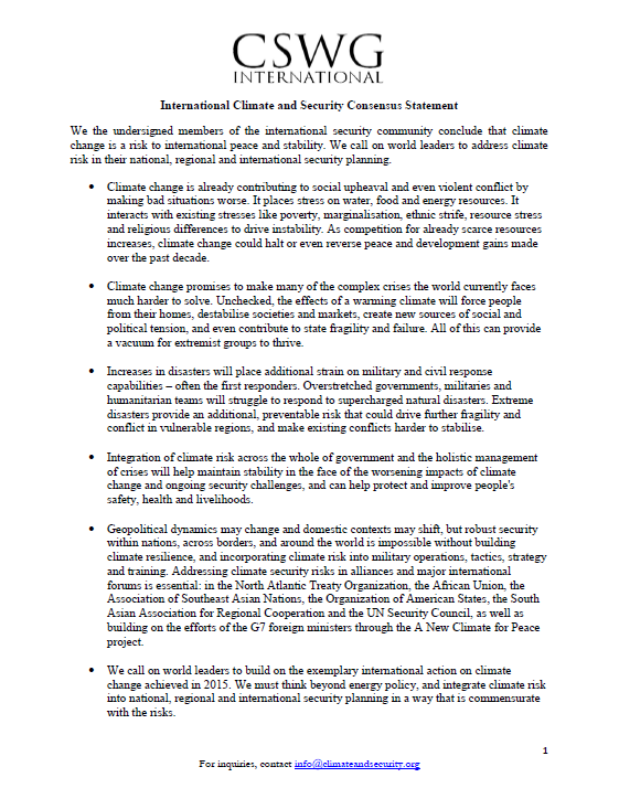 International Climate and Security Consensus Statement « The Center for ...